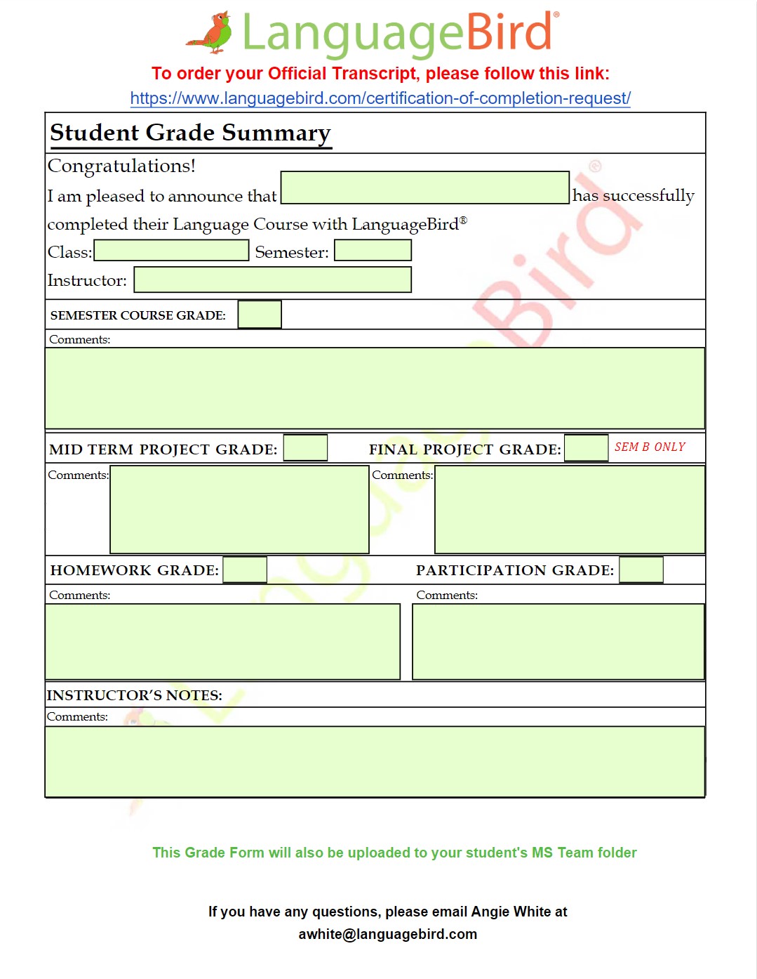 Grade Summary Form – LanguageBird Academy